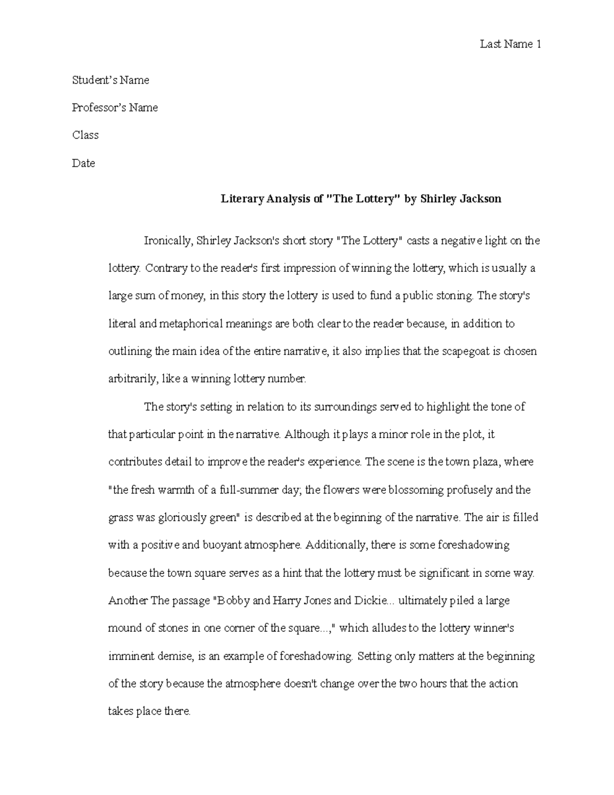 Literary Analysis OF THE Lottery - Student’s Name Professor’s Name ...