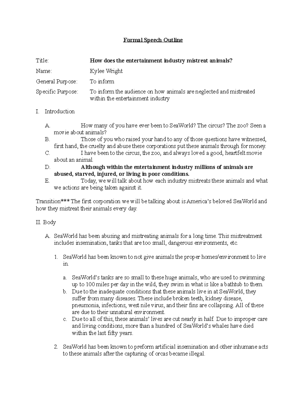 Final speech - Formal Speech Outline Title: How does the entertainment ...