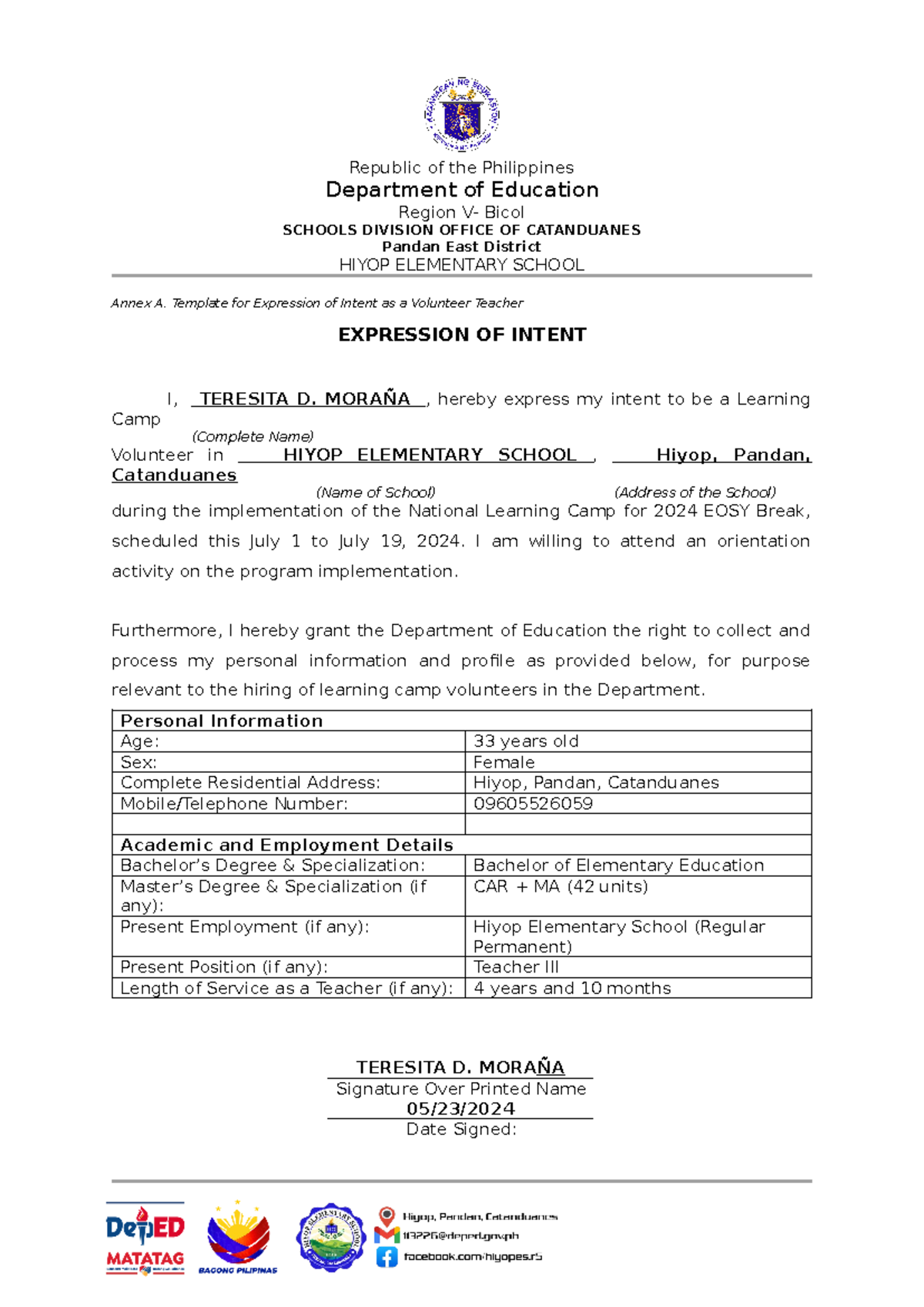 Template for Expression of Intent as Learning Camp Volunteer for NLC ...