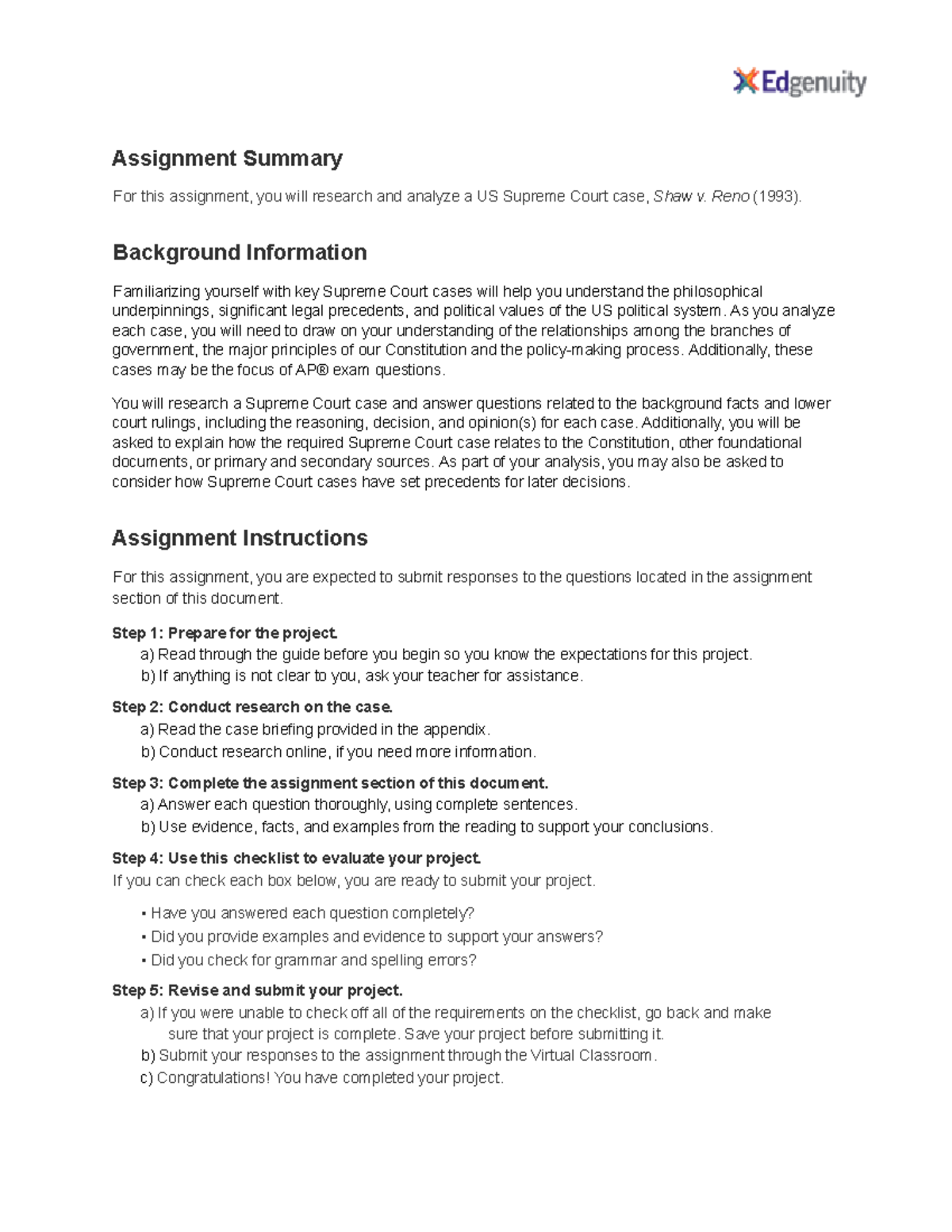Project-Supreme Court Case-Shaw v Reno-student guide - Supreme Court ...