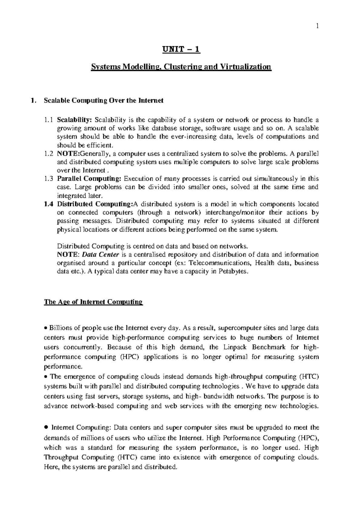 Cloud Computing Material - UNIT – 1 Systems Modelling, Clustering and Virtualization Scalable ...