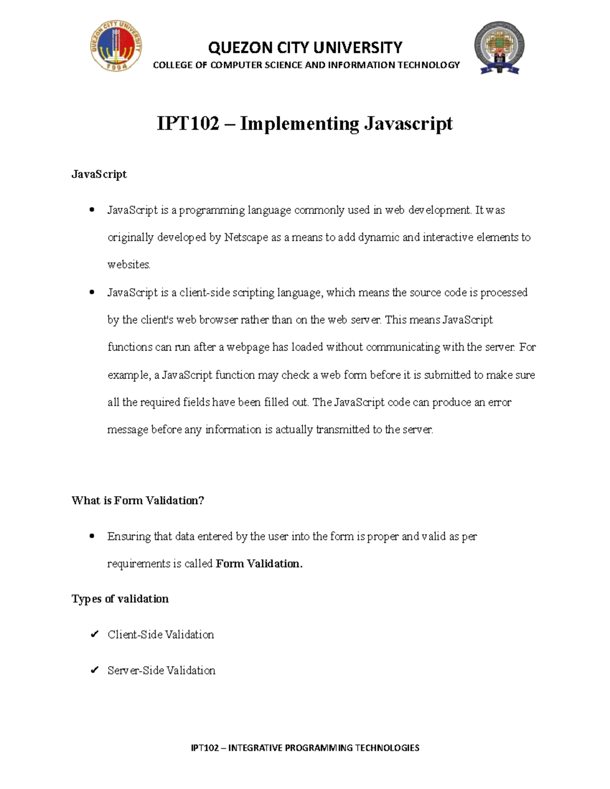 Implementing Javascript Notes Ipt102 Quezon City University College Of Computer Science And