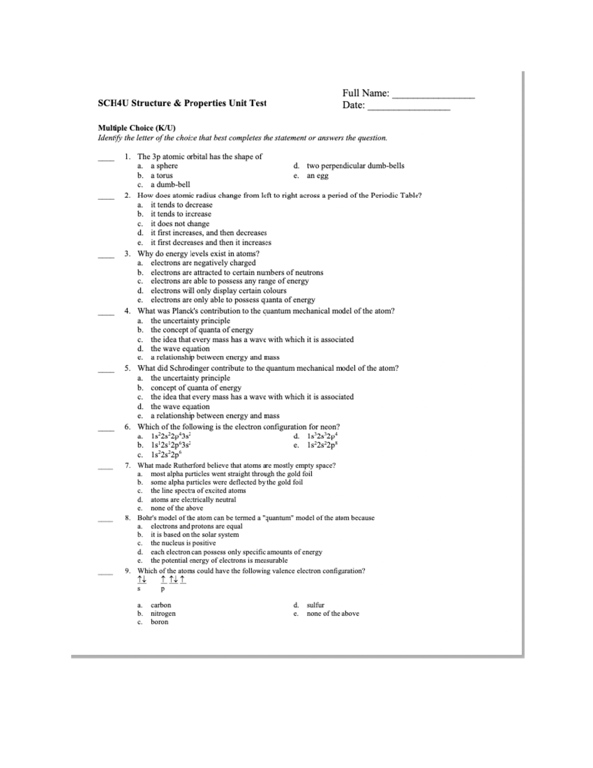 Chemistry - Full Name: SCH4U Structure Properties Unit Test Date ...