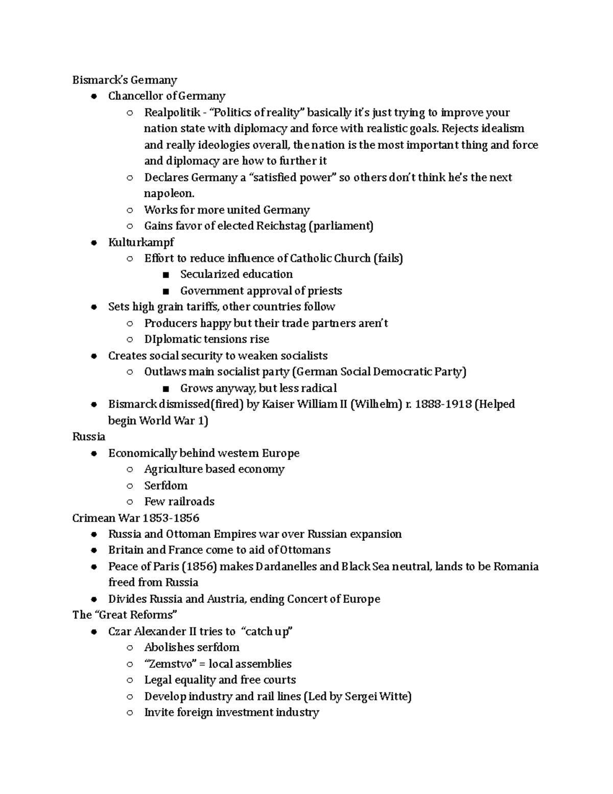 Euro History Chapter 7 - Bismarck’s Germany Chancellor of Germany ...