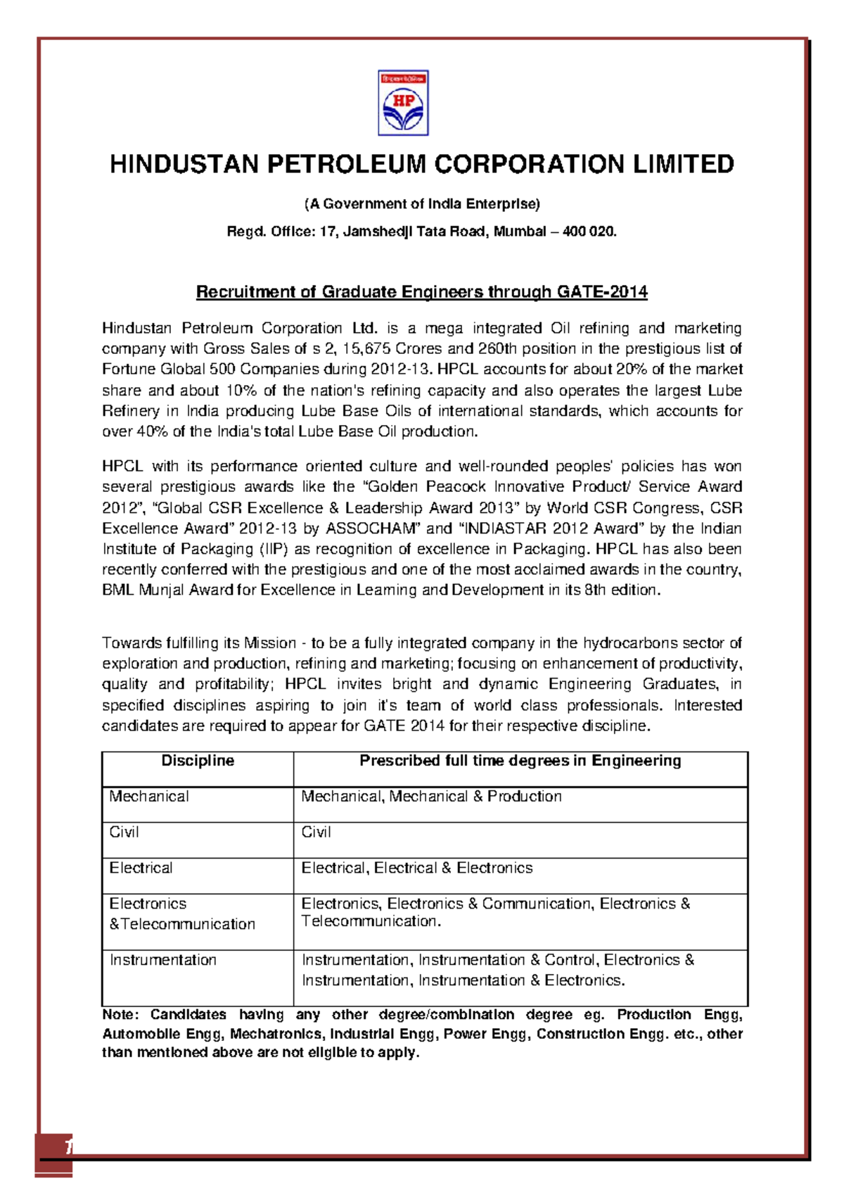 GATE HPCL 2014 Question paper for solution - HINDUSTAN PETROLEUM ...