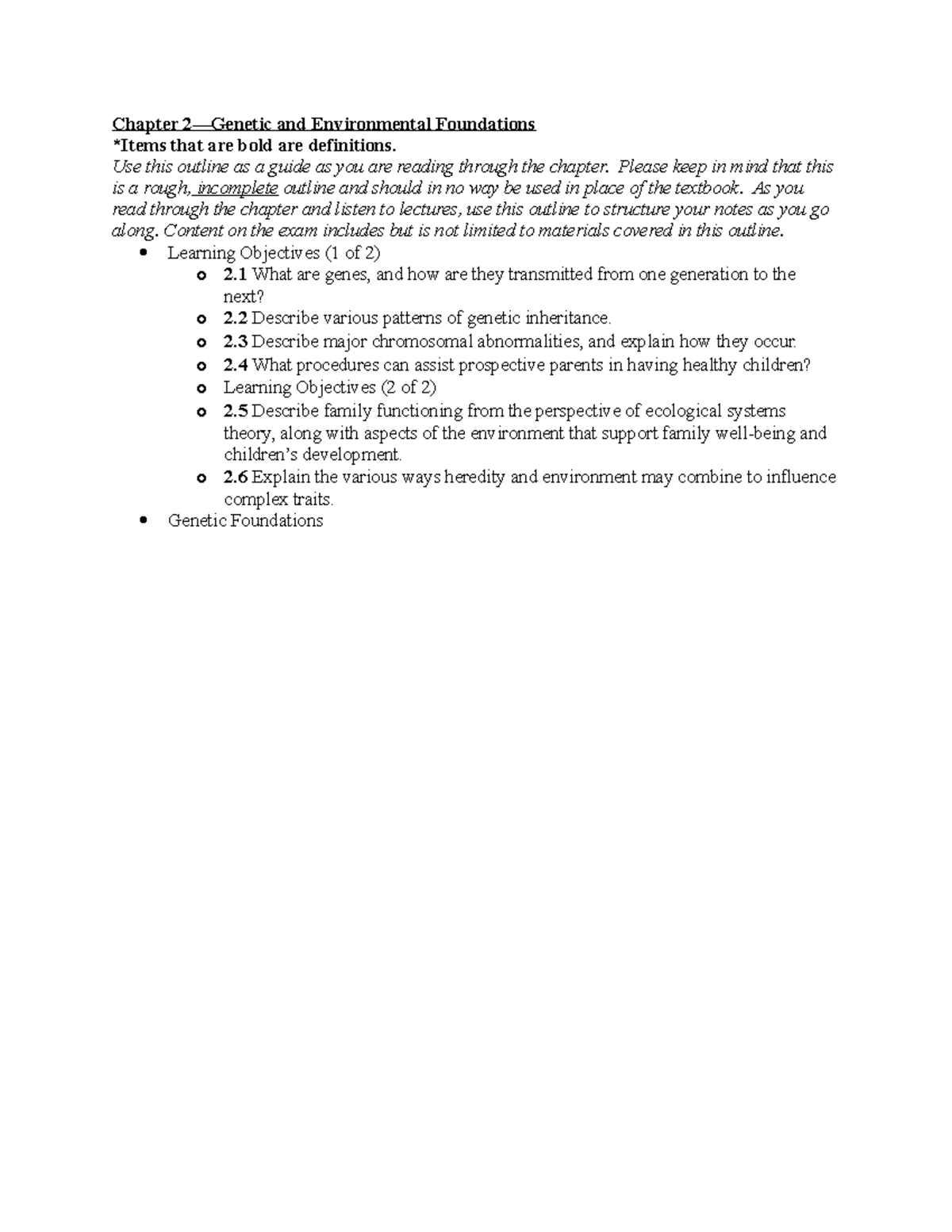 Chapter 2 Outline Chapter 2—genetic And Environmental Foundations Items That Are Bold Are