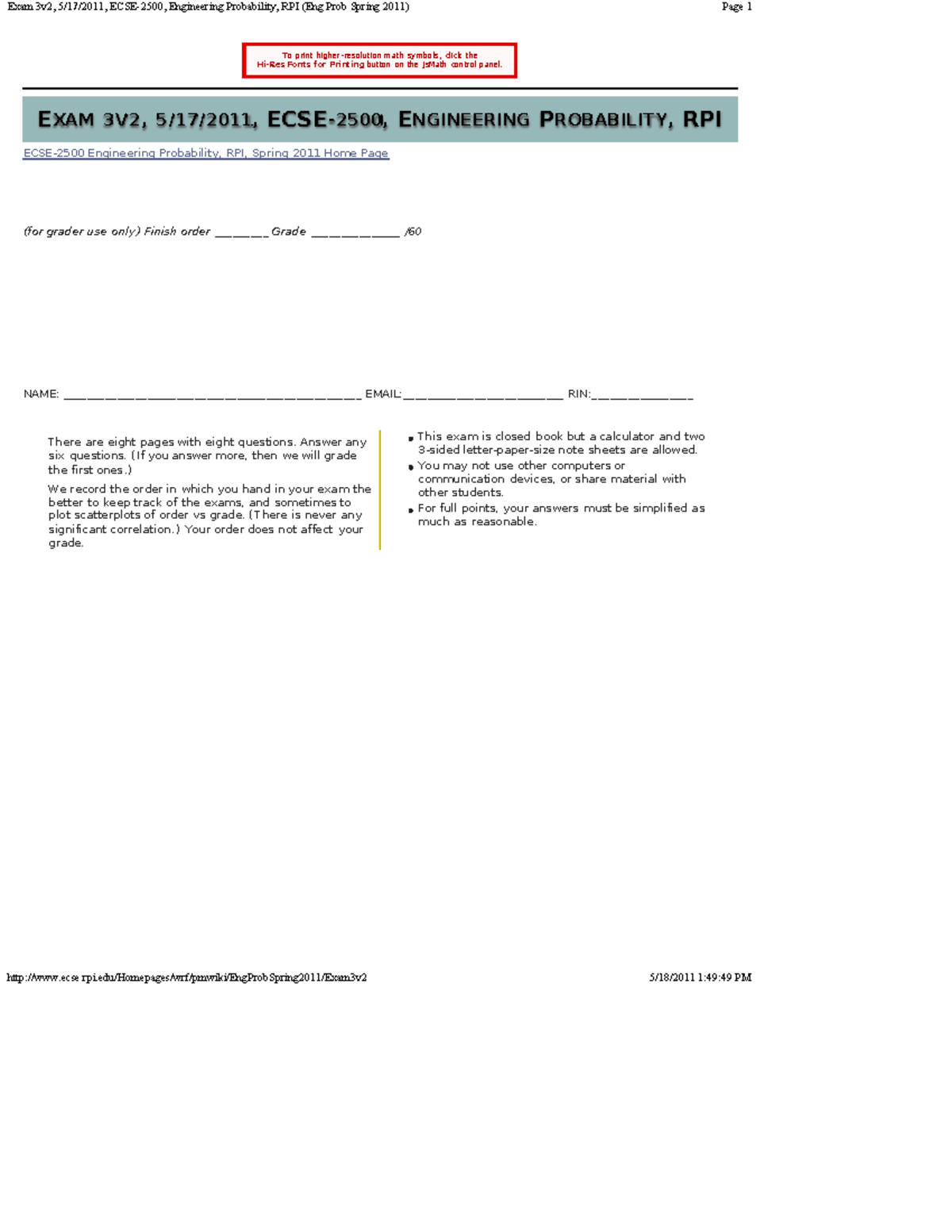 ECSE 2500 exam3b - back exams - To print higher -resolution math symbols , click the Hi-Res ...