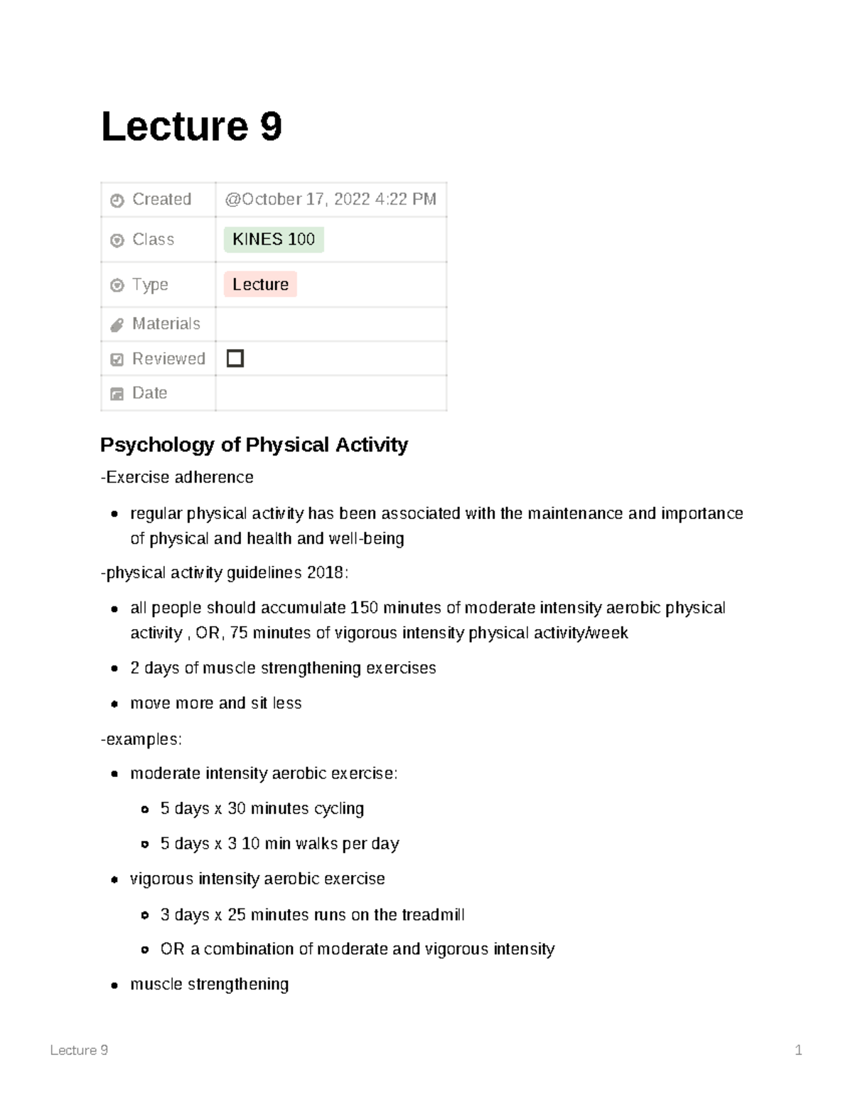 Lecture 9 - Lecture 9 Created Class KINES 100 Type Lecture Materials Reviewed Date Psychology of ...
