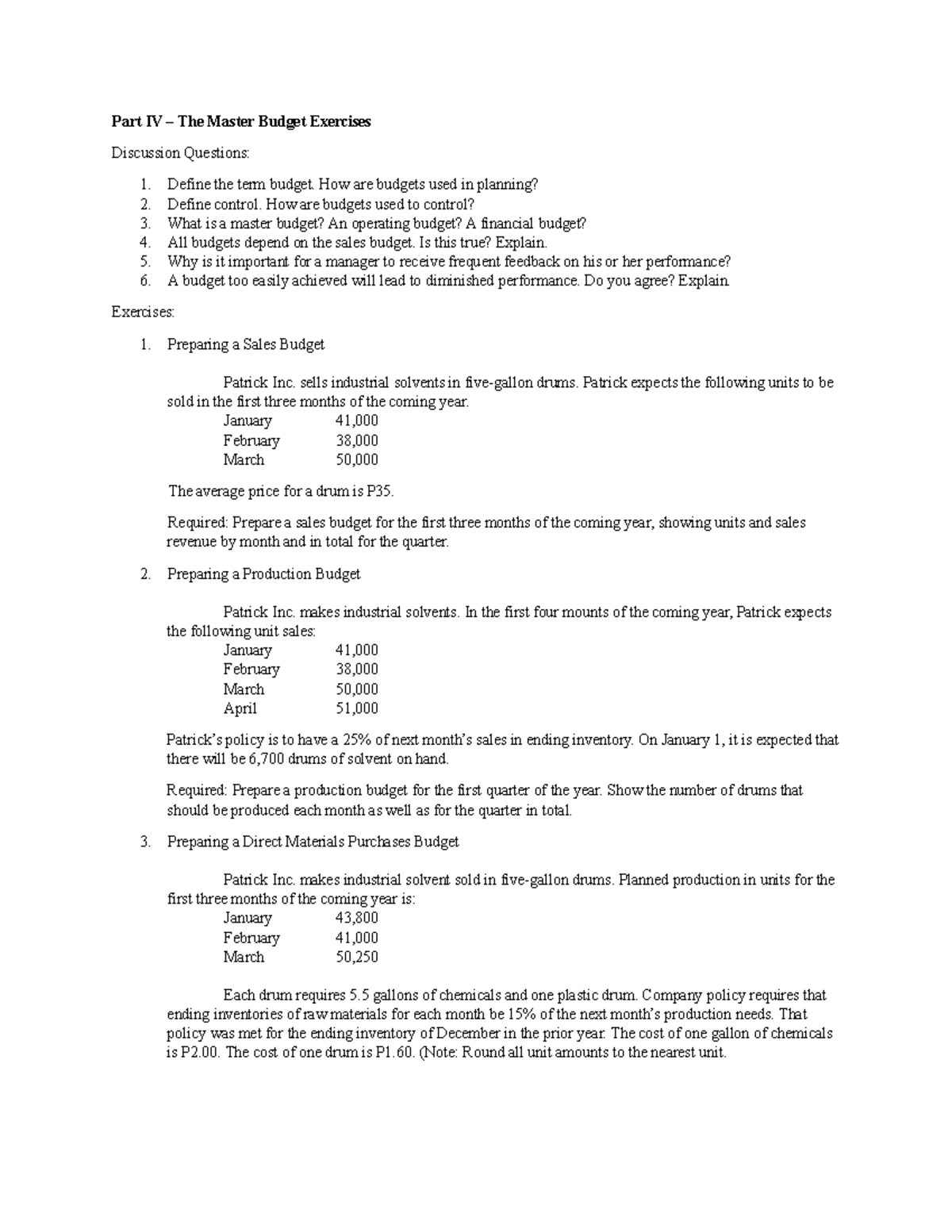 2nd week - the master budget exercises - Part IV – The Master Budget ...