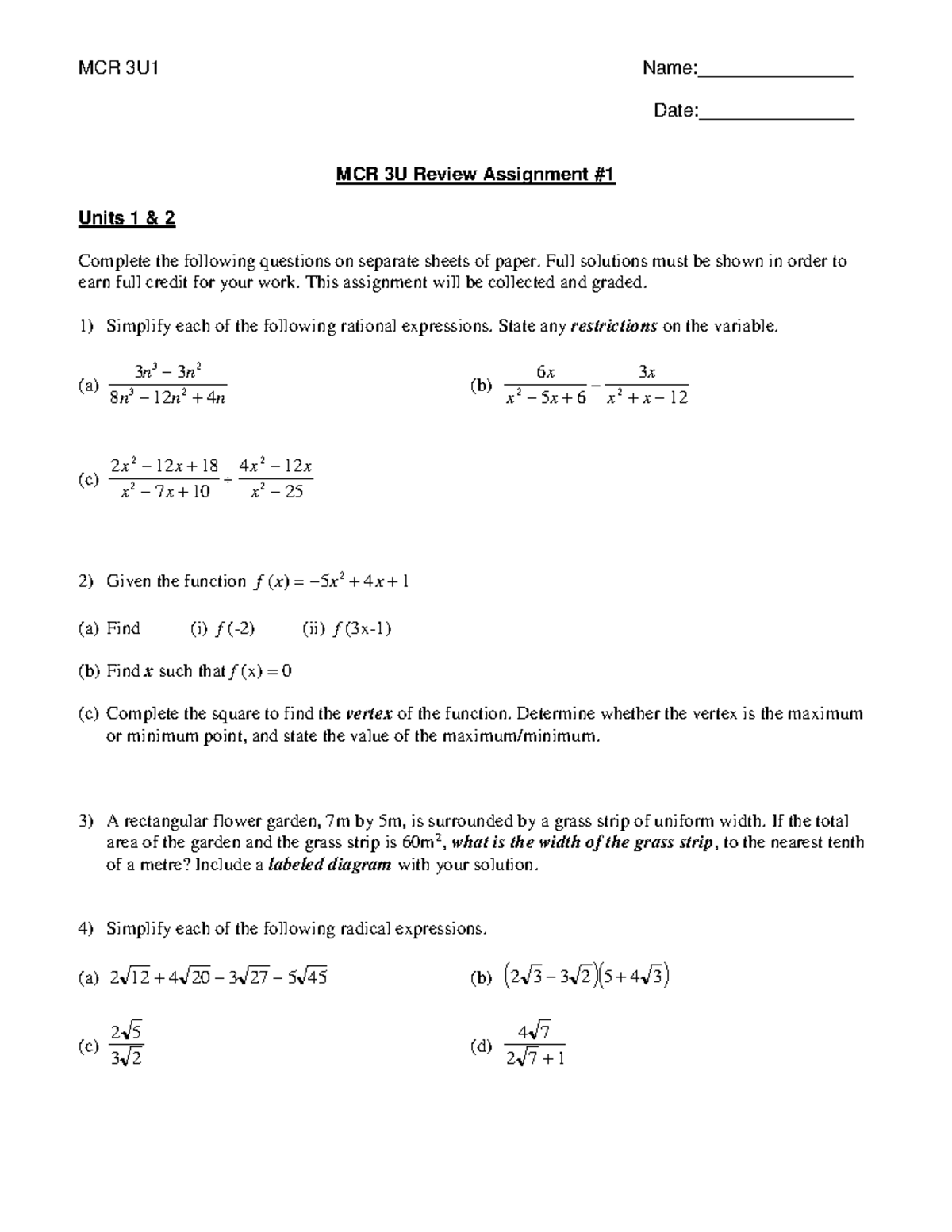 MCR3U1 Review Assignment#1 Units 1 2 - MCR 3U1 Name ...
