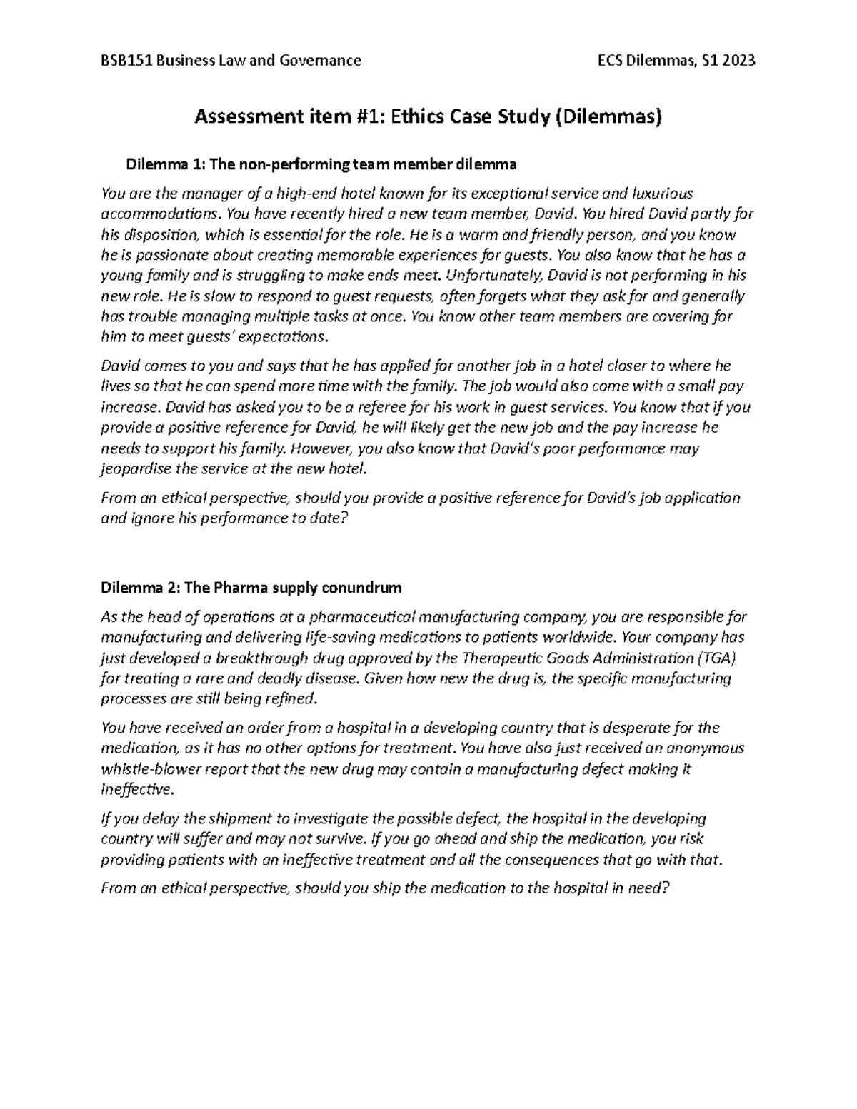 3 Scenarios For Assignment - BSB151 Business Law and Governance ECS ...
