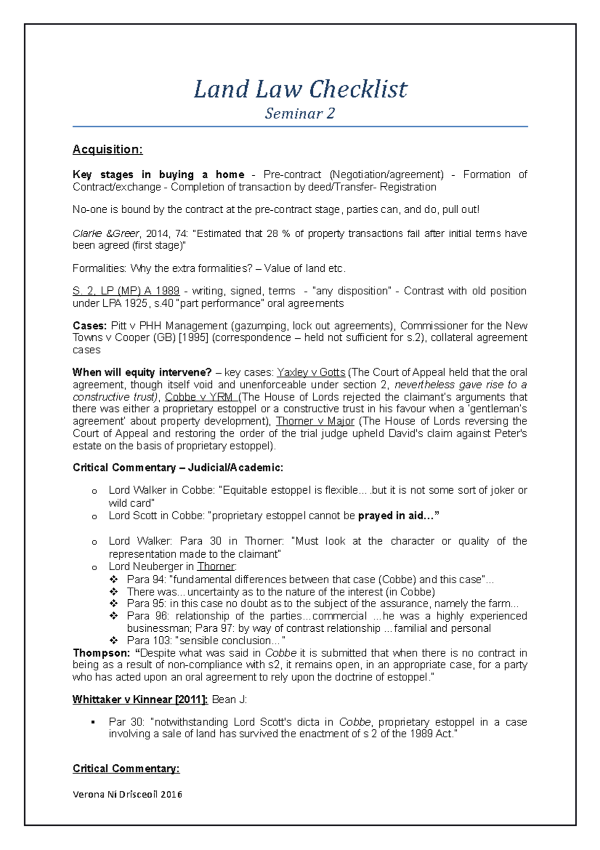 Land Law Checklist Seminar 2 - Land Law Checklist Seminar 2 Acquisition ...