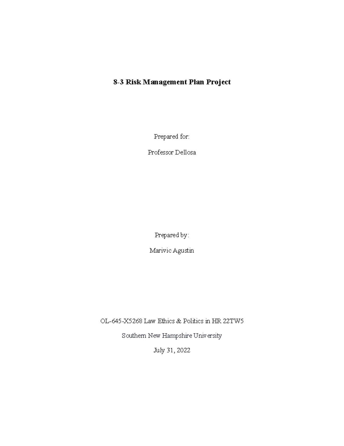 8-3 Risk Management Plan Project - 8-3 Risk Management Plan Project ...