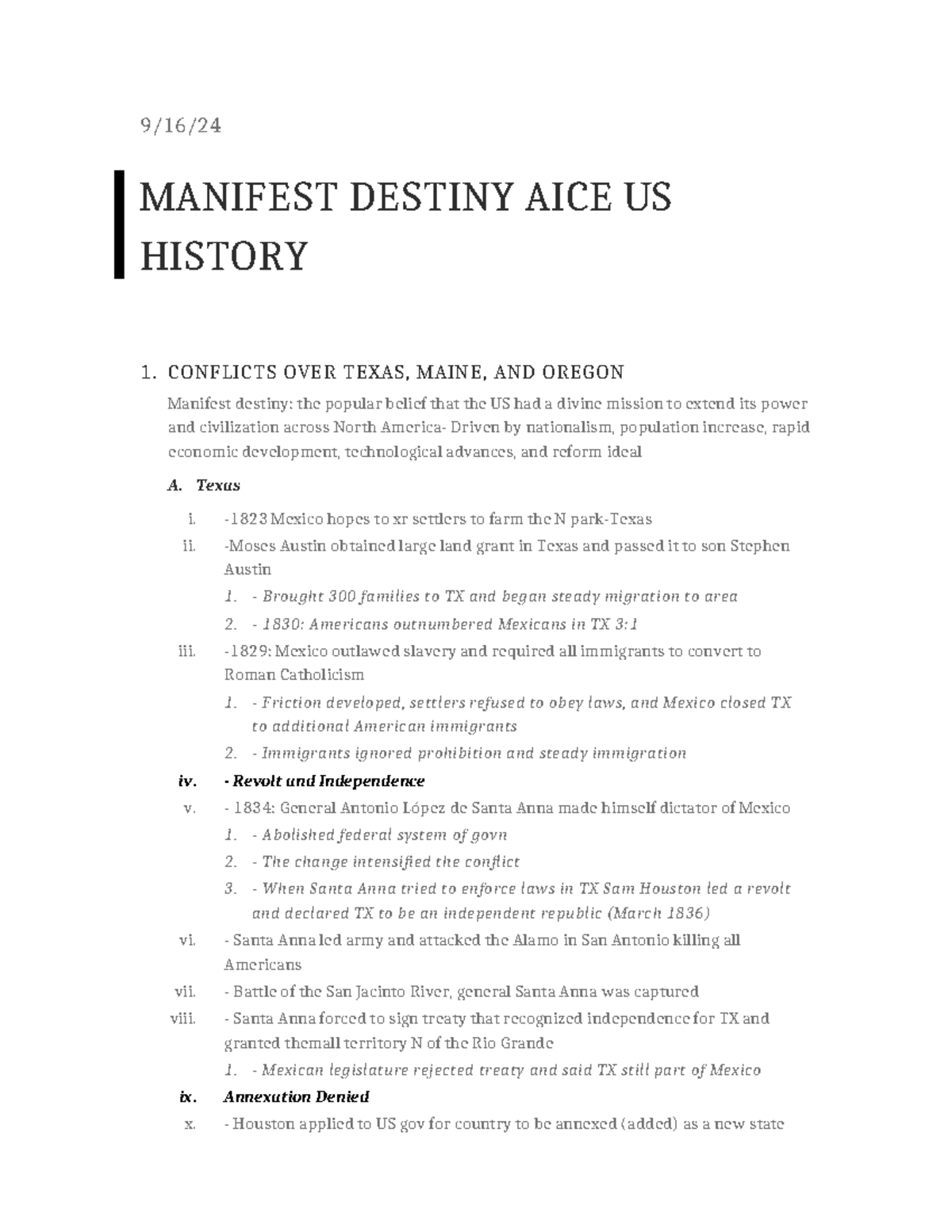 Manifest Destiny Notes Review - 9/16/ MANIFEST DESTINY AICE US HISTORY ...
