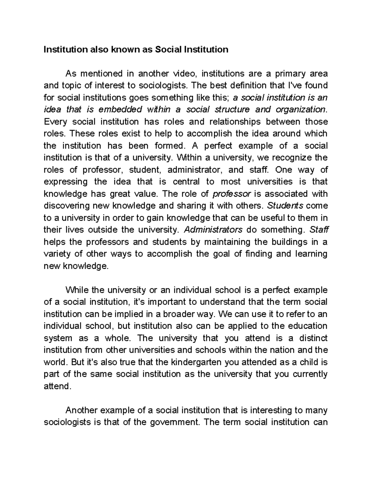 Institution or Social Institution Transcript - Institution also known ...