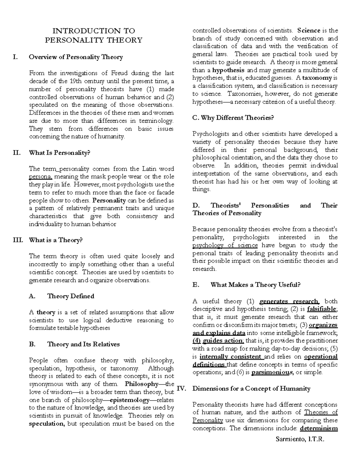 Theories of Personality Summary Lecture Notes - INTRODUCTION TO ...