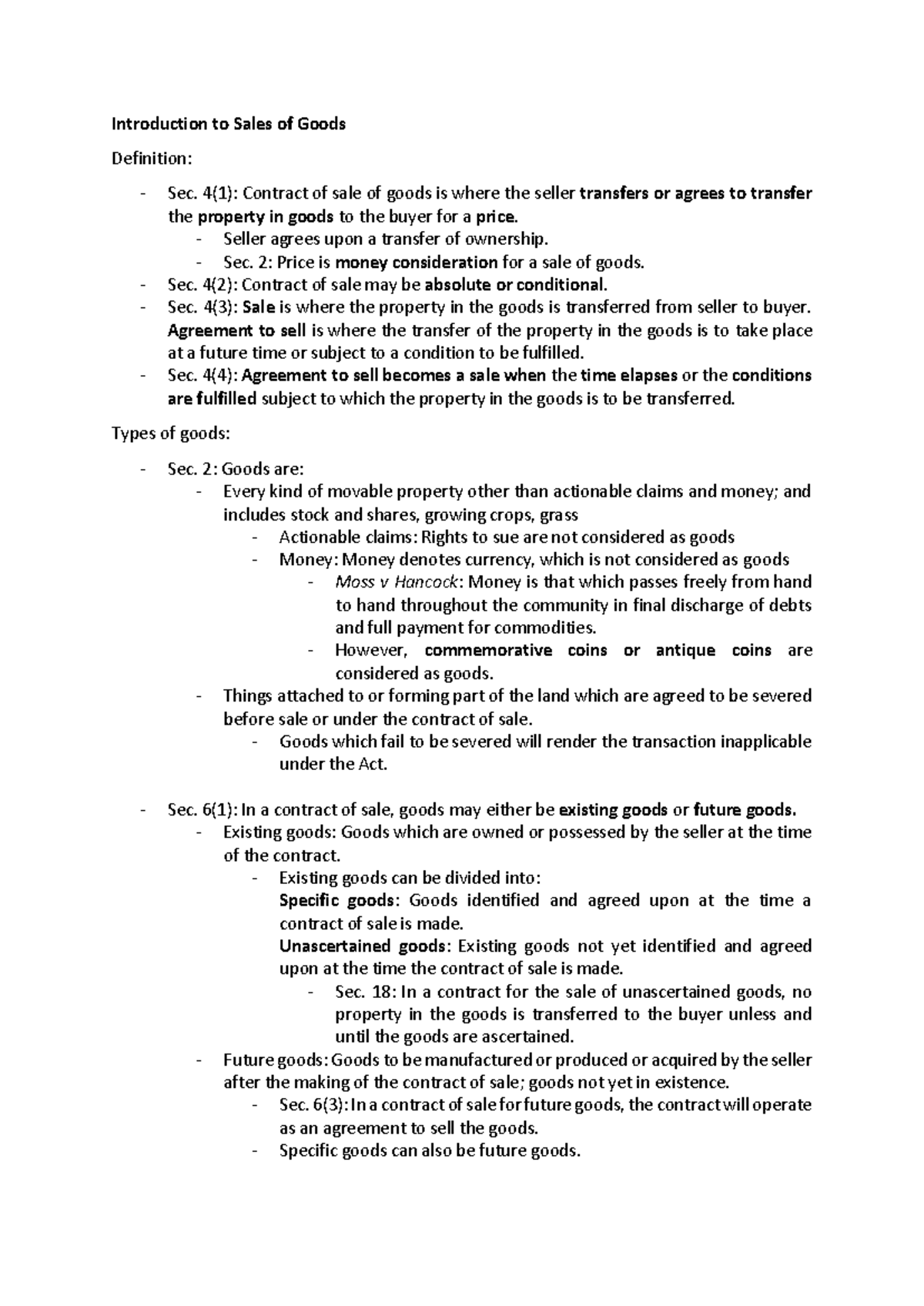 SOGA Notes - EXPLANATION ON LAW OF SALE OF GOODS - Introduction to ...