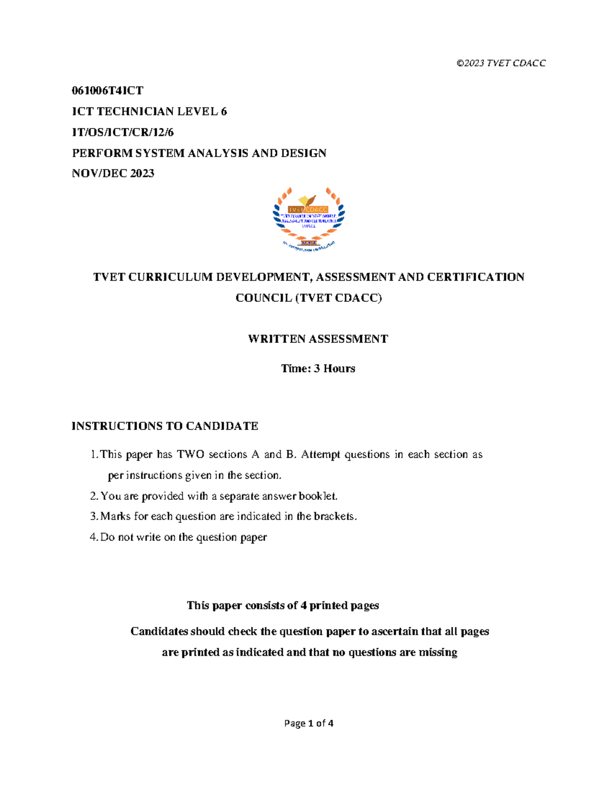 6-System Analysis and Design - 061006T4ICT ICT TECHNICIAN LEVEL 6 IT/OS ...