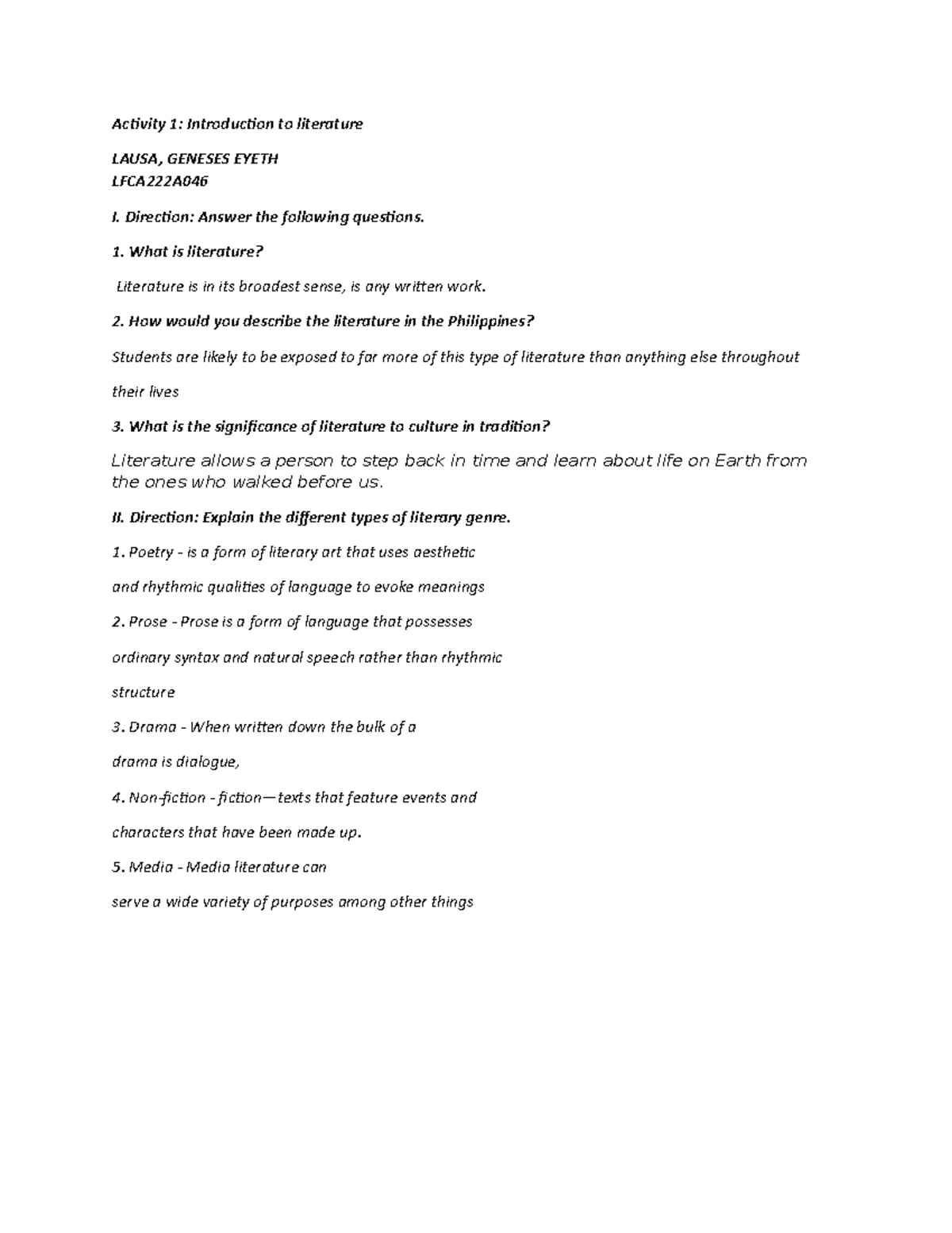 ACT 1 - act1 - Activity 1: Introduction to literature LAUSA, GENESES ...