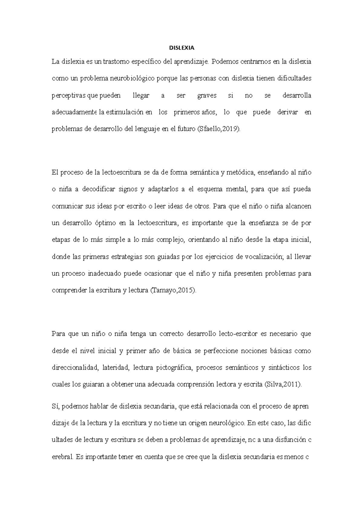 Dislexia - Practica para examen - DISLEXIA La dislexia es un trastorno ...