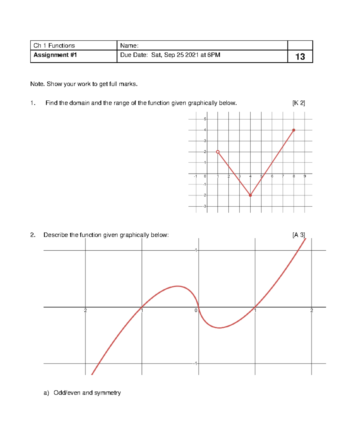 Assignment Ch 1 Fall 2021 - Mathématiques - Ch 1 Functions Name ...