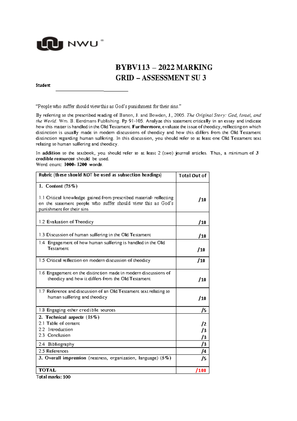 BYBV 113 Marking Grid 2024 - BYBV113 – 2022 MARKING GRID – ASSESSMENT SU 3 Student “People who ...