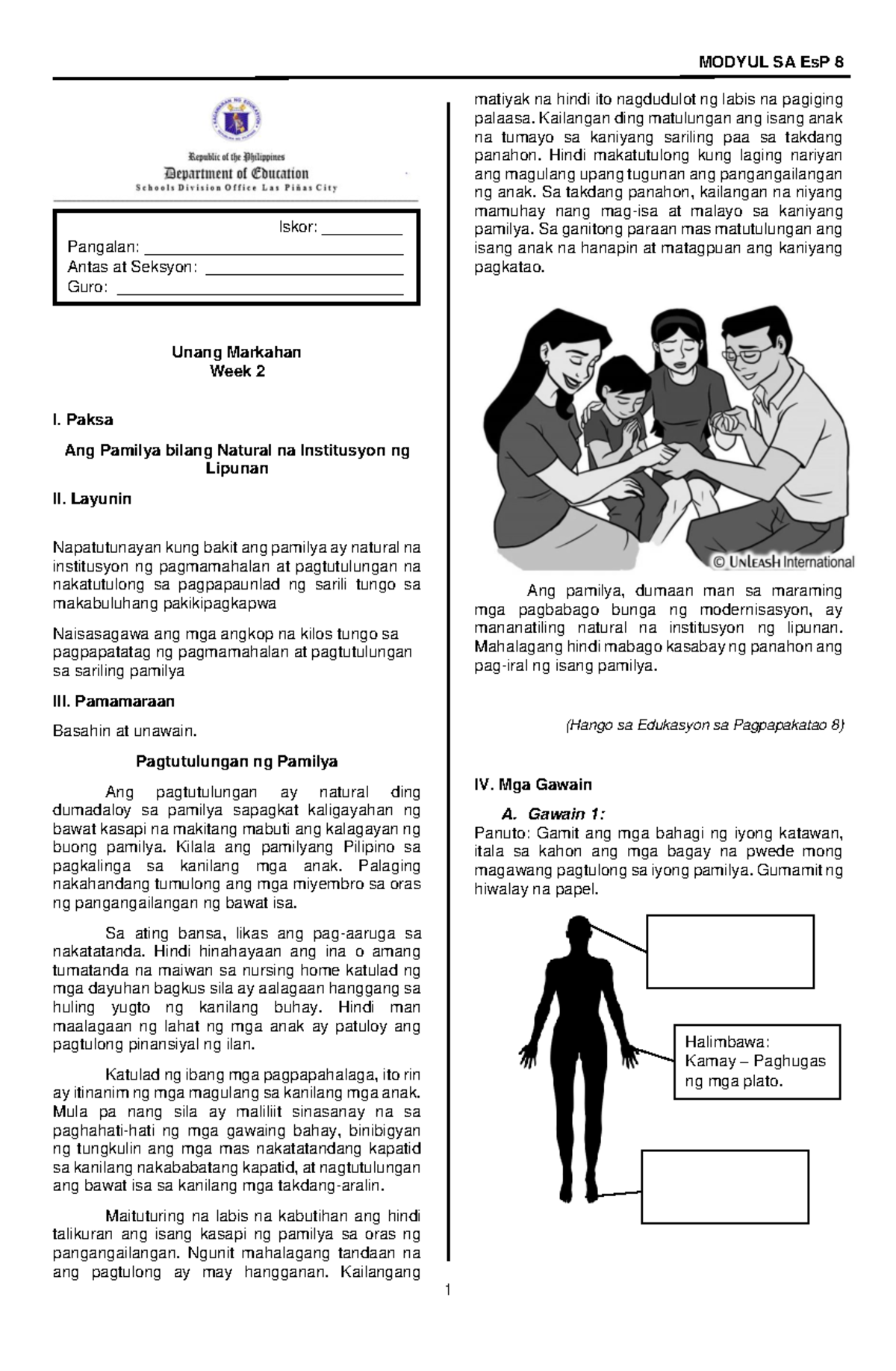 Es PModule 8 1st Qtr Week2 - MODYUL SA EsP 8 1 Unang Markahan Week 2 I. Paksa Ang Pamilya bilang ...