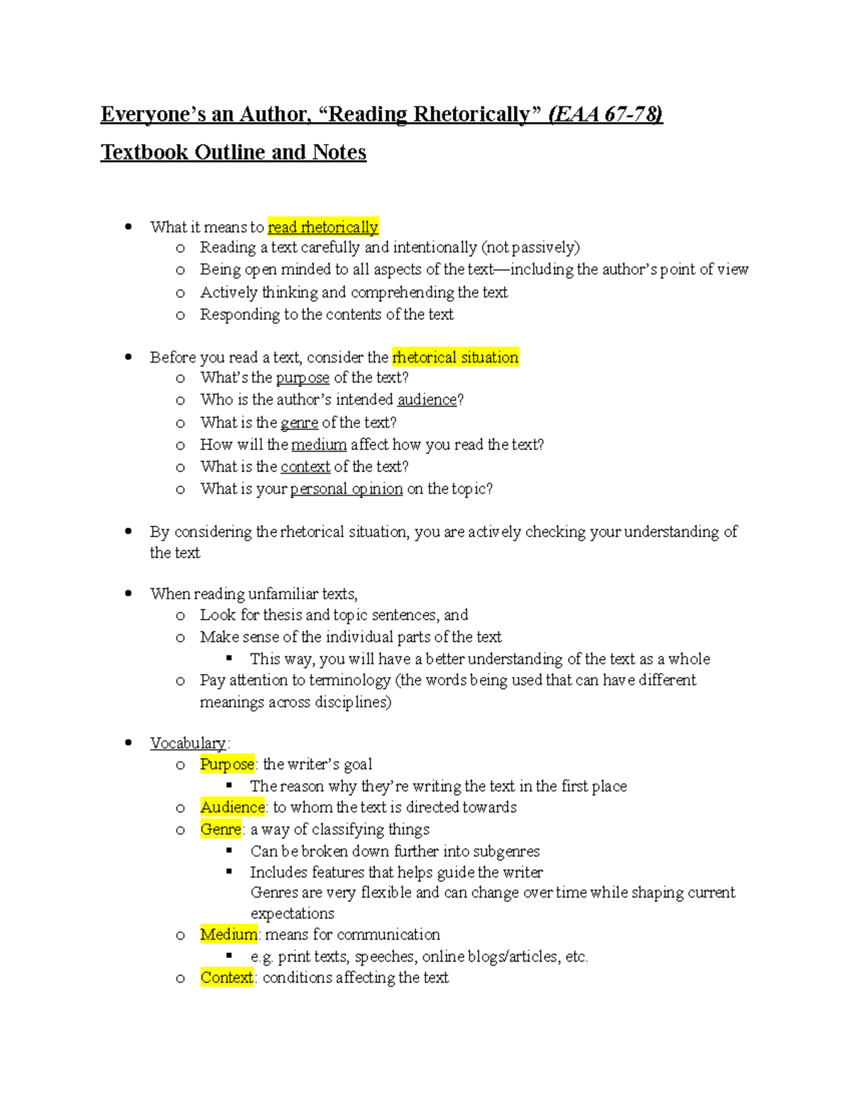 Reading Rhetorically Outline - Everyone’s an Author, “Reading ...