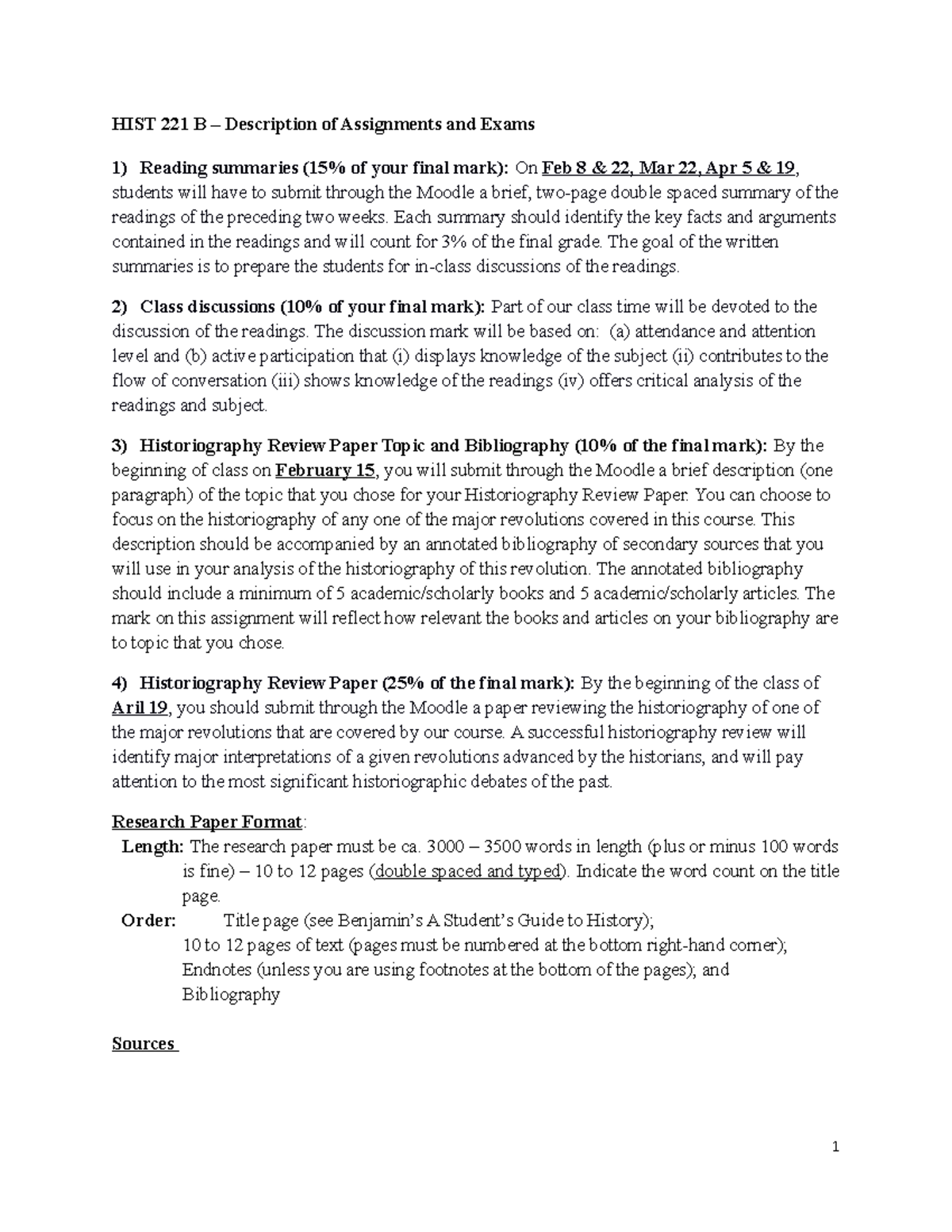 HIST 221 Assignment guidelines-3 - HIST 221 B – Description of Assignments and Exams Reading ...