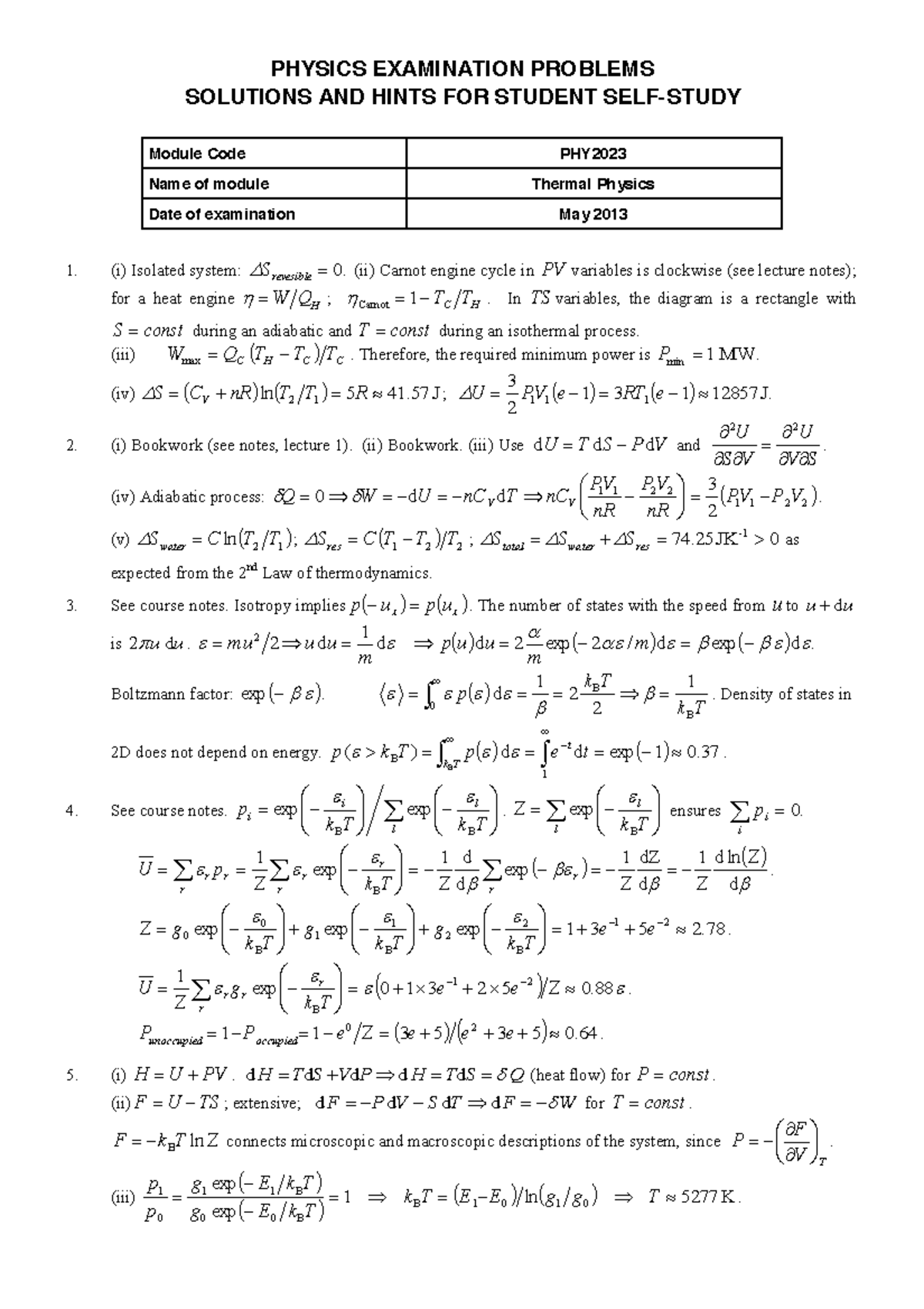 Exam 2013, answers - PHYSICS EXAMINATION PROBLEMS SOLUTIONS AND HINTS ...