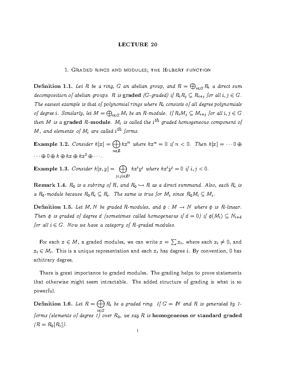 Lecture Notes - Lecture 20 - LECTURE 20 1. Graded rings and the Hilbert ...