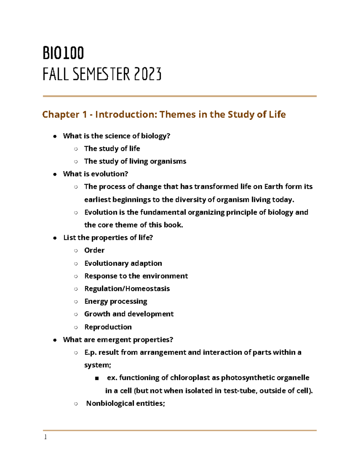 Chapter 1 - BIO FALL SEMTER 2023 Chapter 1 - Introduction: Themes in ...