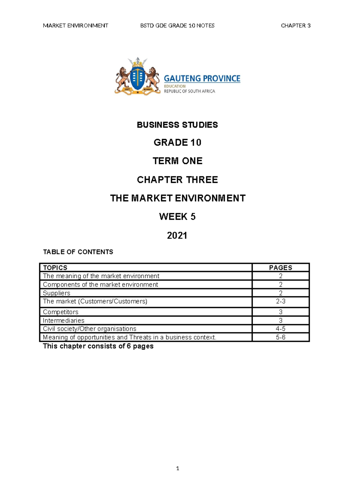 4. Chapter ONE WEEK 7 Market Environment - MARKET ENVIRONMENT BSTD GDE ...