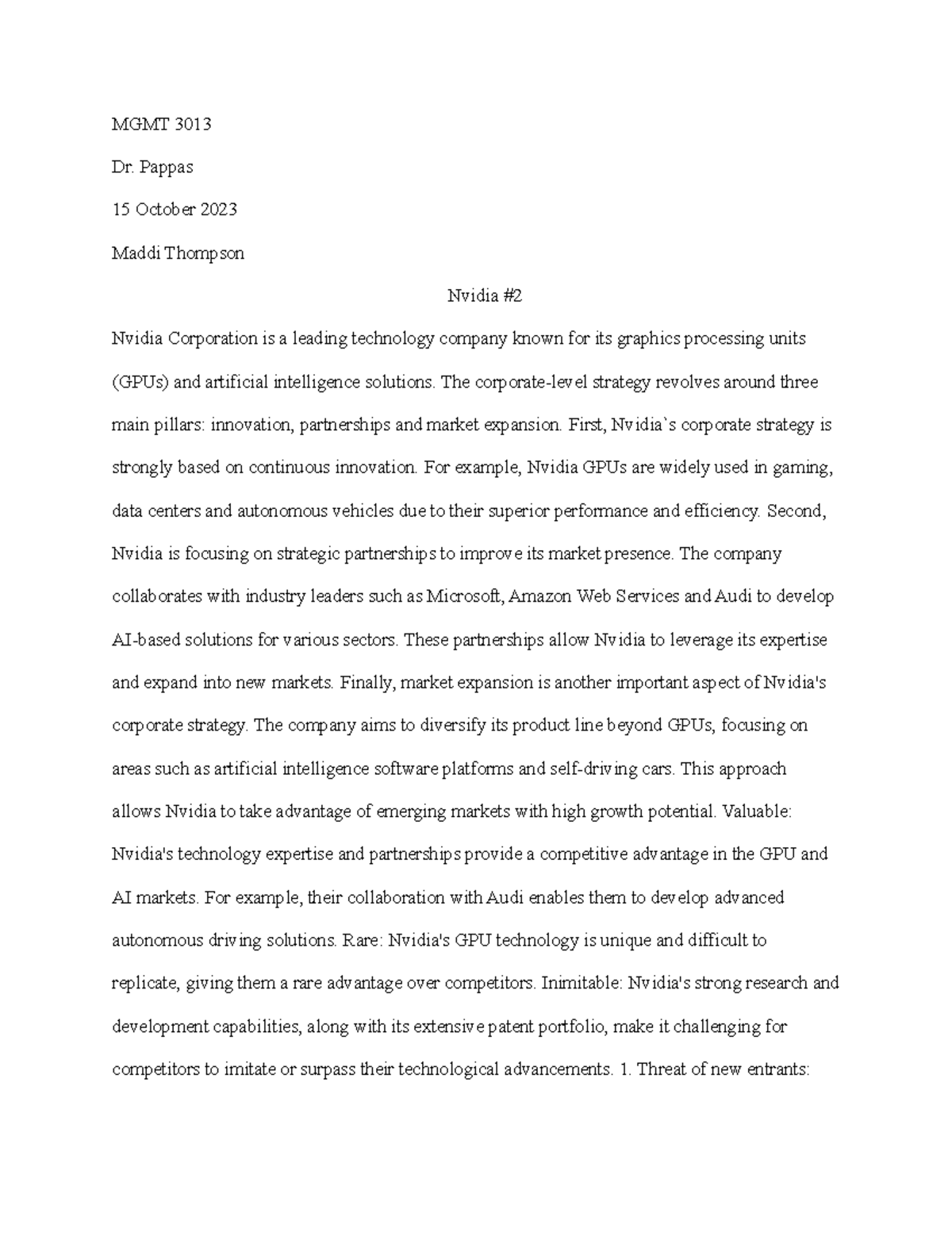 Nvidia 2 - Essay - MGMT 3013 Dr. Pappas 15 October 2023 Maddi Thompson ...