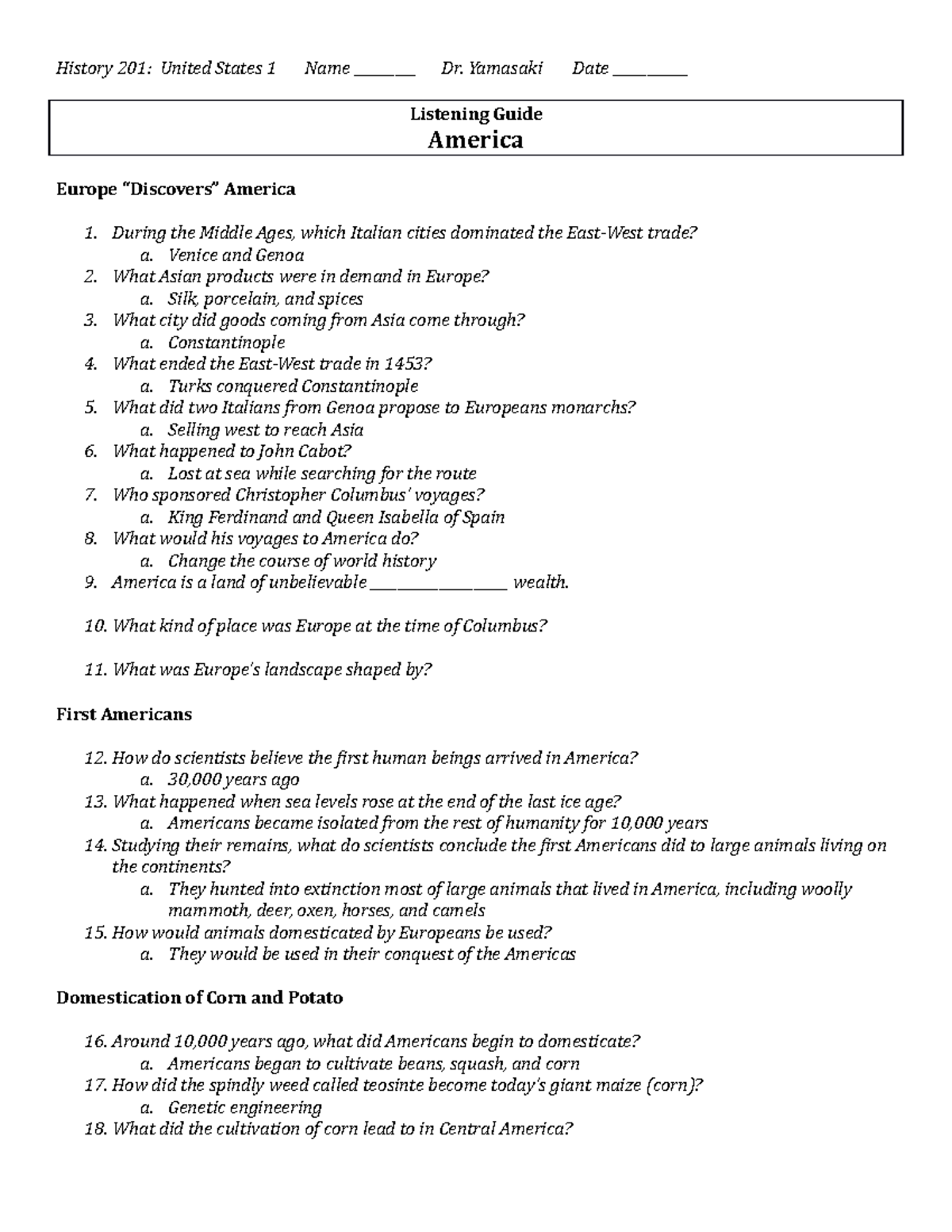 America - listening guides - History 201: United States 1 Name ...