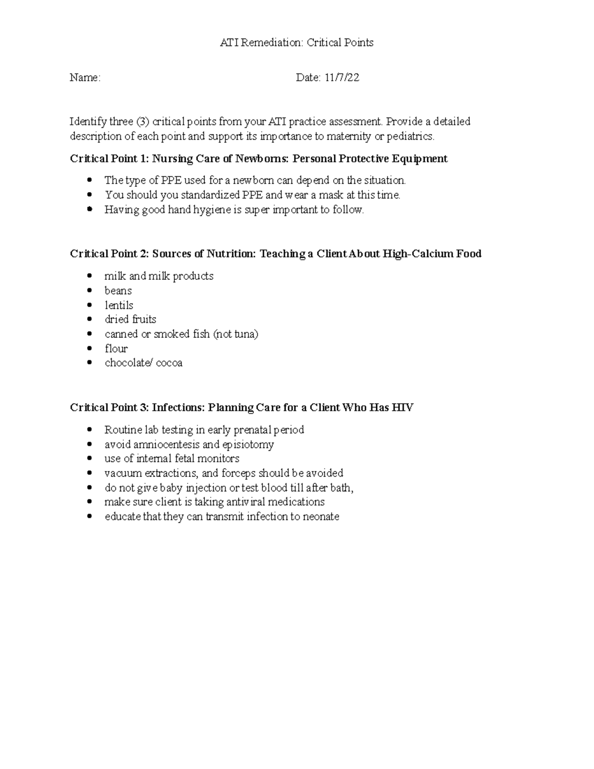 ATI Critical Points proc mat - ATI Remediation: Critical Points Name ...