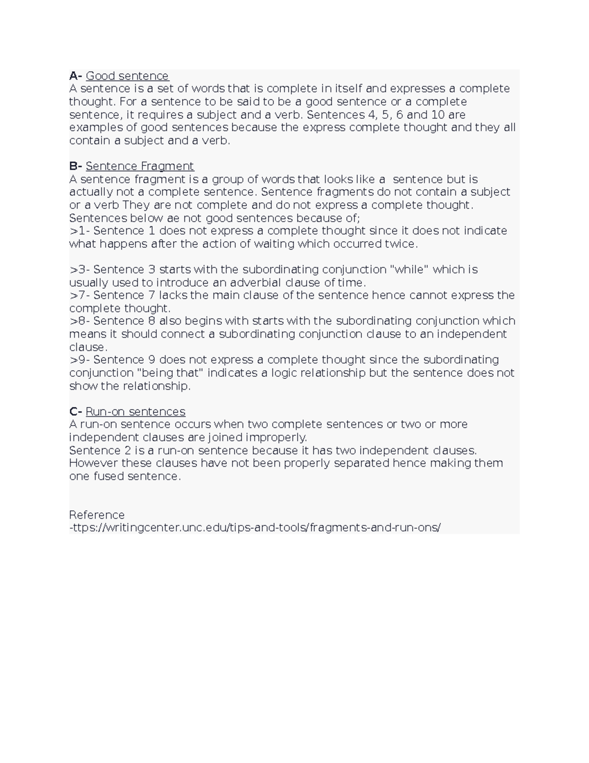 Esol 111 - ESOL - A- Good sentence A sentence is a set of words that is ...