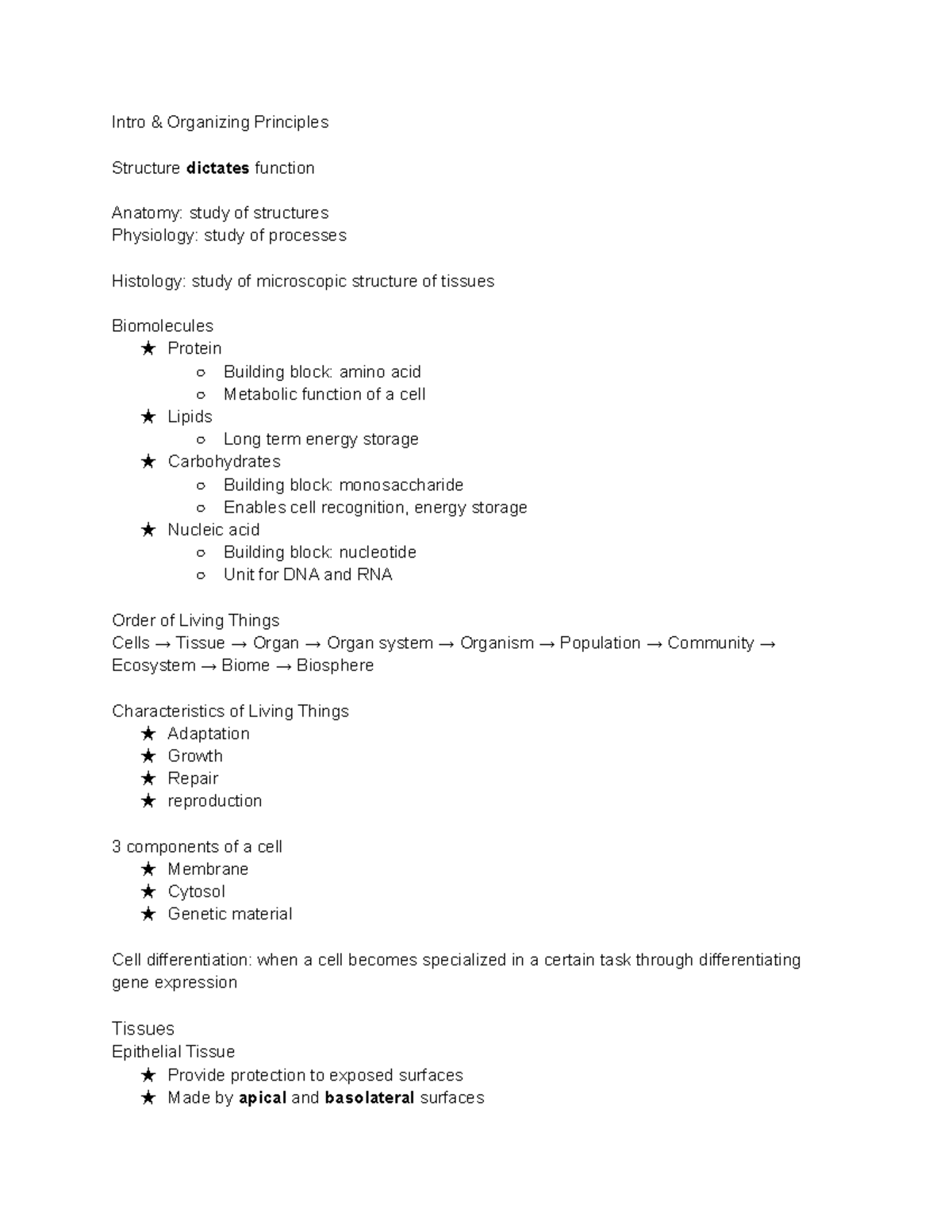 Intro Notes - Intro & Organizing Principles Structure dictates function ...