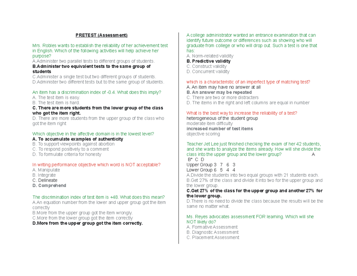 Pretest 2ND Sunday - HHHH - PRETEST (Assessment) Mrs. Robles wants to ...