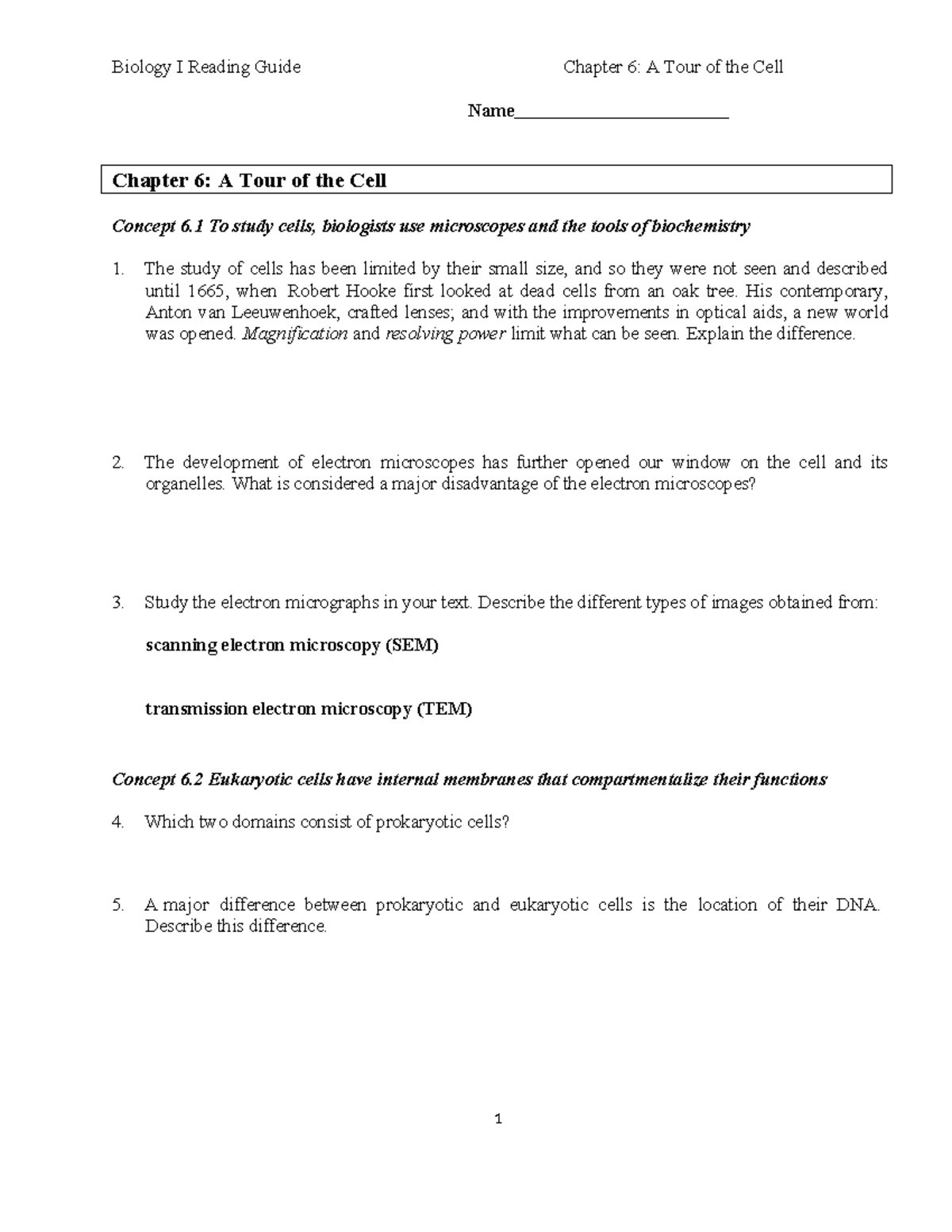 Chapter 6 Study Guide - Name Chapter 6 : A Tour of the Cell Concept 6 ...