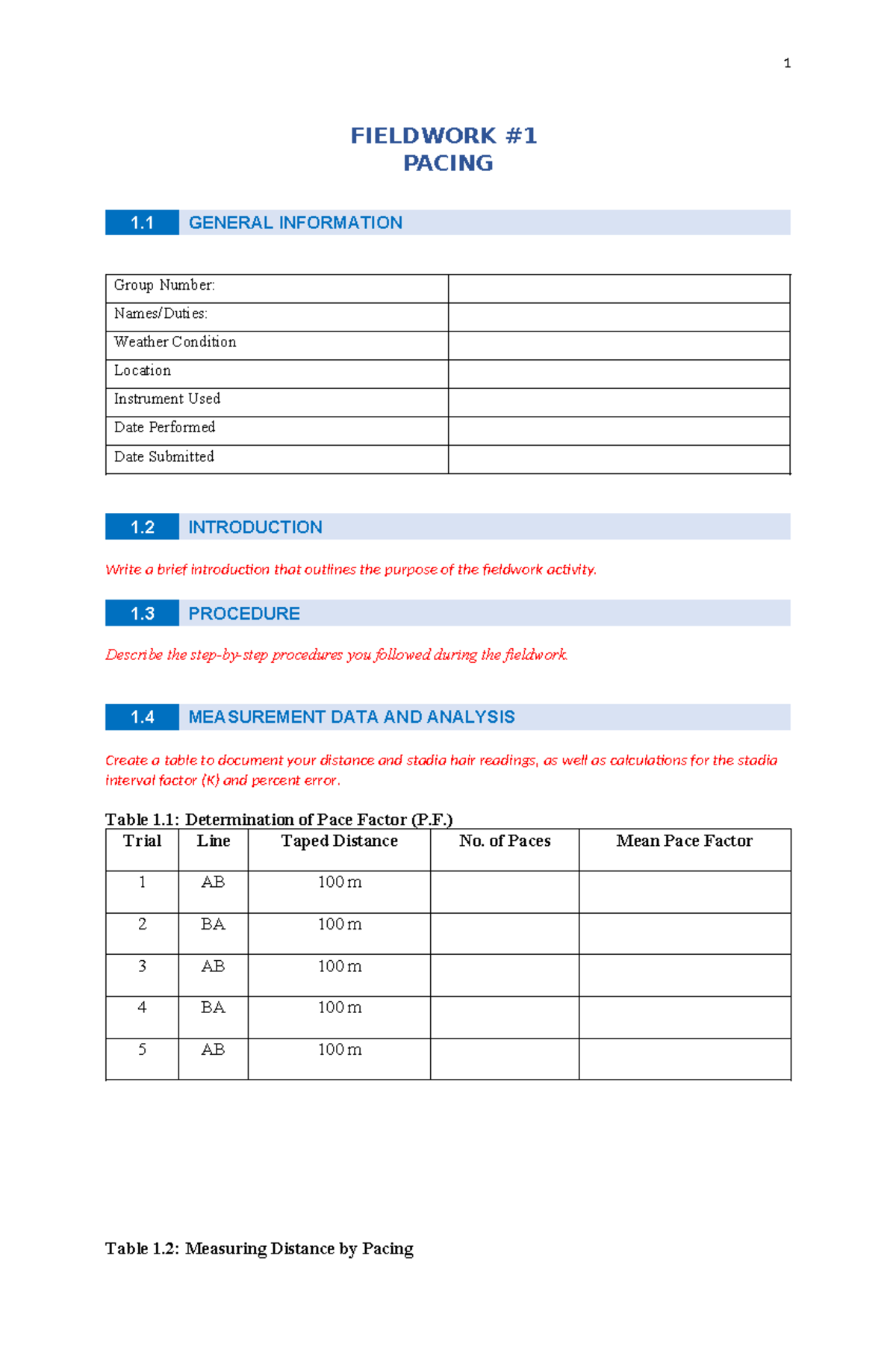 Field Report 1 Pacing - 1 FIELDWORK PACING 1 GENERAL INFORMATION Group ...