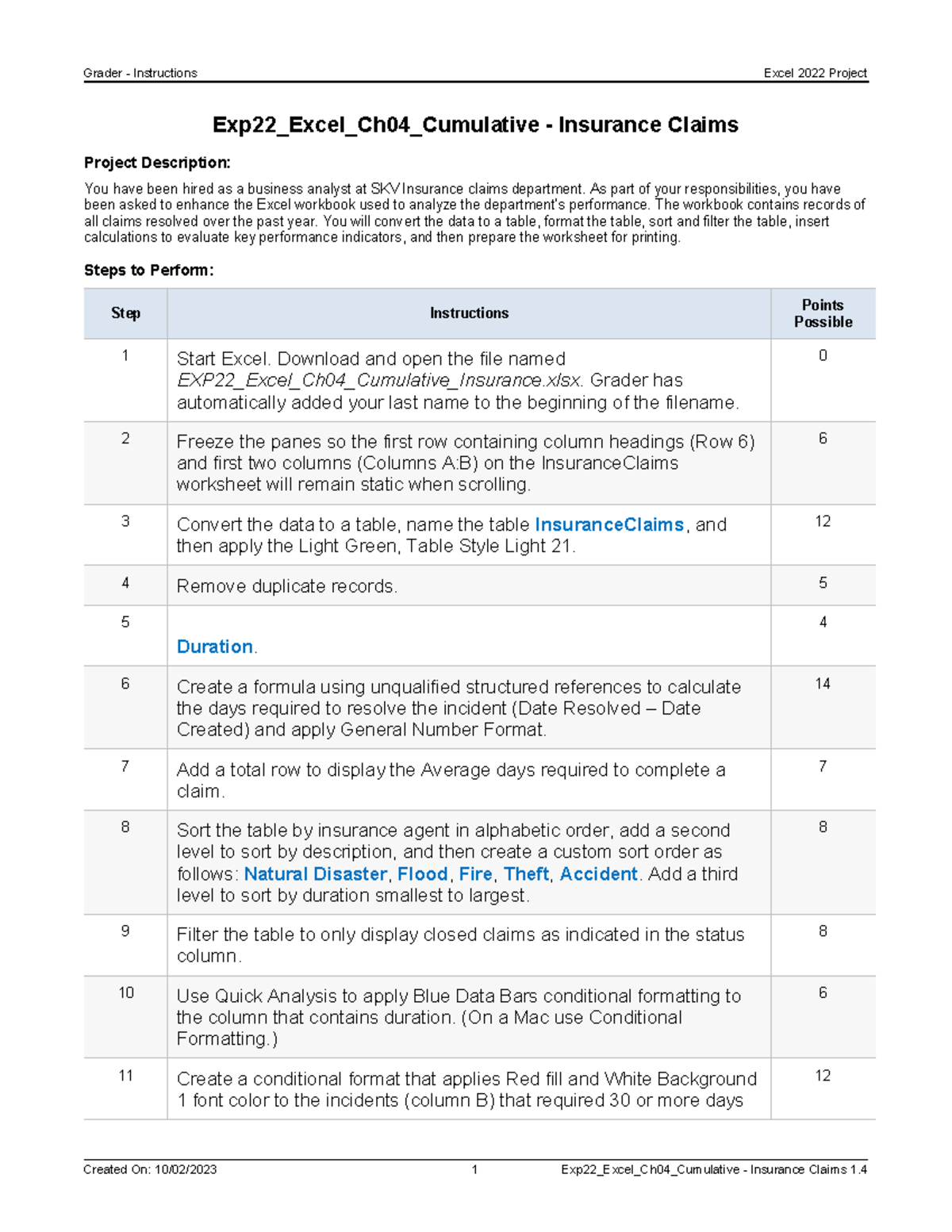 Exp22 Excel Ch04 Cumulative - Insurance Claims Instructions - Grader - Instructions Excel 2022 ...