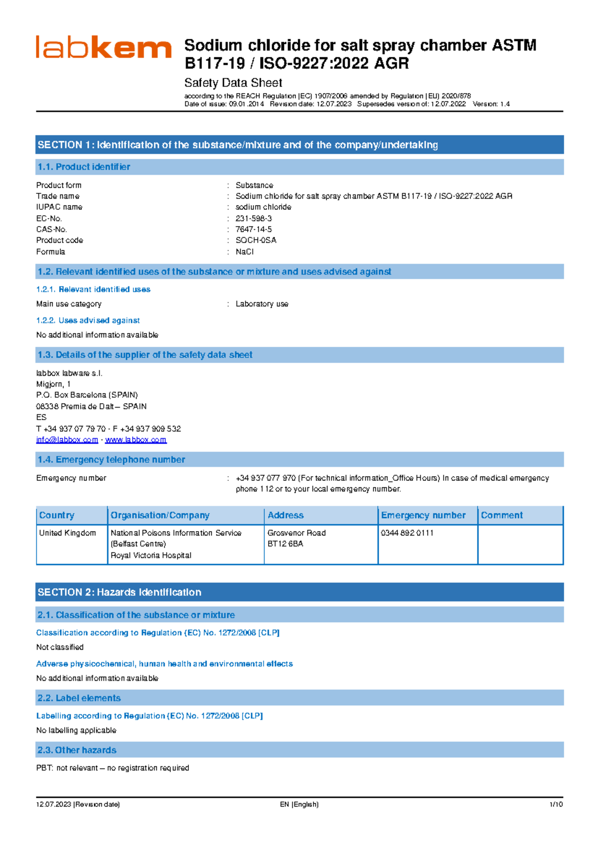 MSDS - SALT FOR SALT Spray Testing - Sodium chloride for salt spray ...