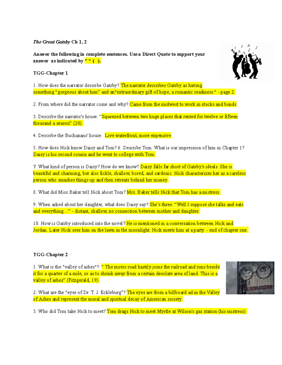 TGG Chapters 1, 2 - 10491823 - The Great Gatsby Ch 1, 2 Answer the ...