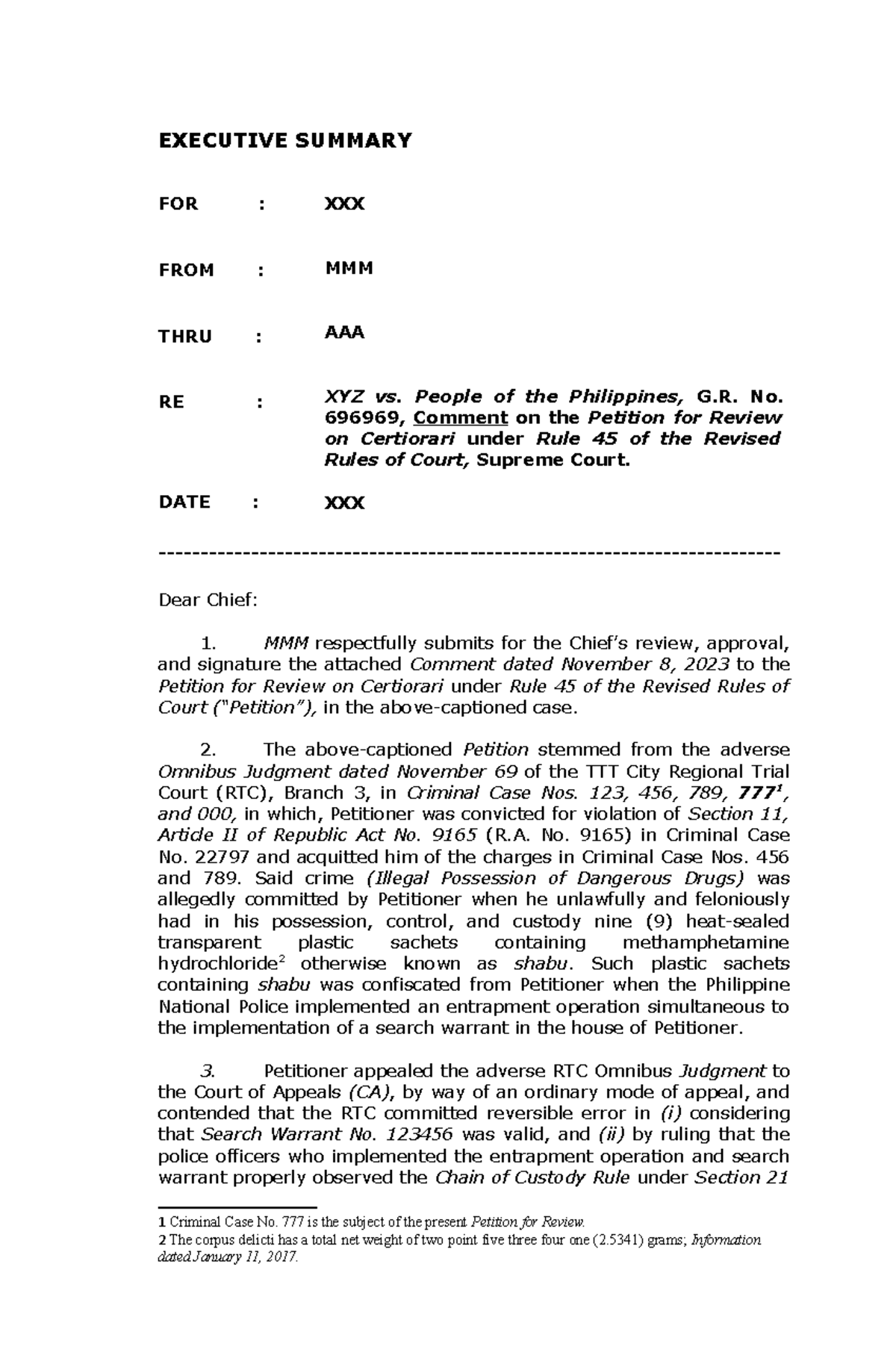 Executive Summary - Sample - EXECUTIVE SUMMARY FOR : FROM : THRU : RE ...