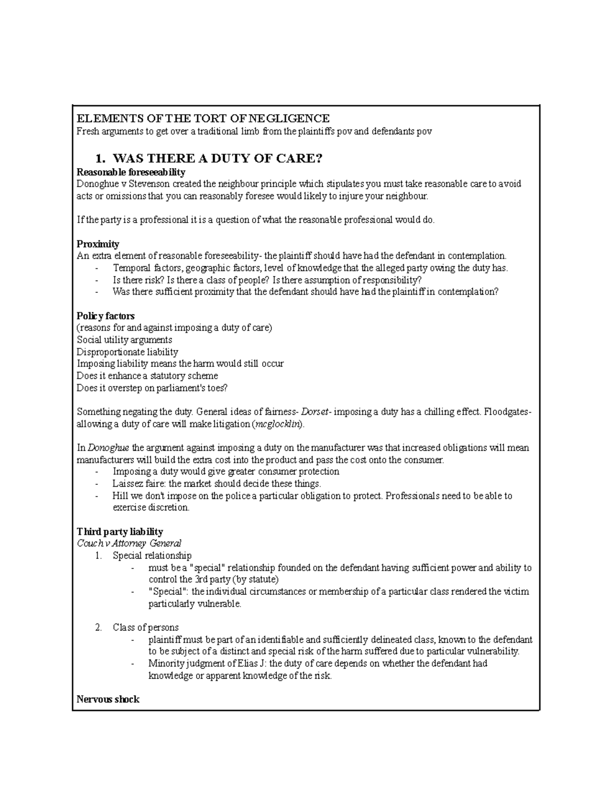 LAWS212- Negligence Template - ELEMENTS OF THE TORT OF NEGLIGENCE Fresh ...