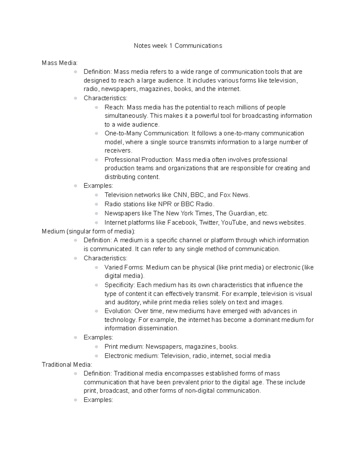 Communications lecture 1 - Notes week 1 Communications Mass Media ...