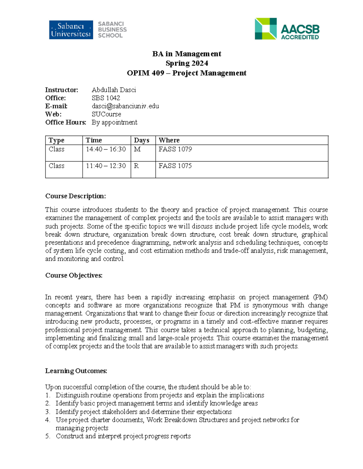 OPIM 409 Spring 2024 - Syllabus of OPIM409 - BA in Management Spring ...