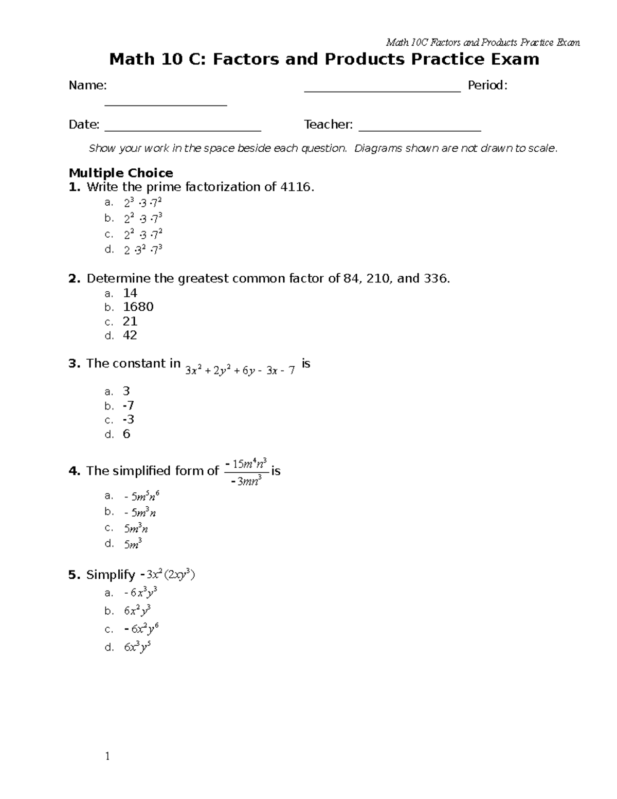 Factors and products practice exam - Math 10 C: Factors and Products ...