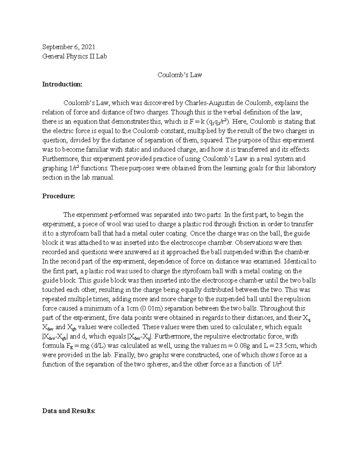 Lab 1 - Physics 2 - September 6, 2021 General Physics II Lab Coulomb’s ...
